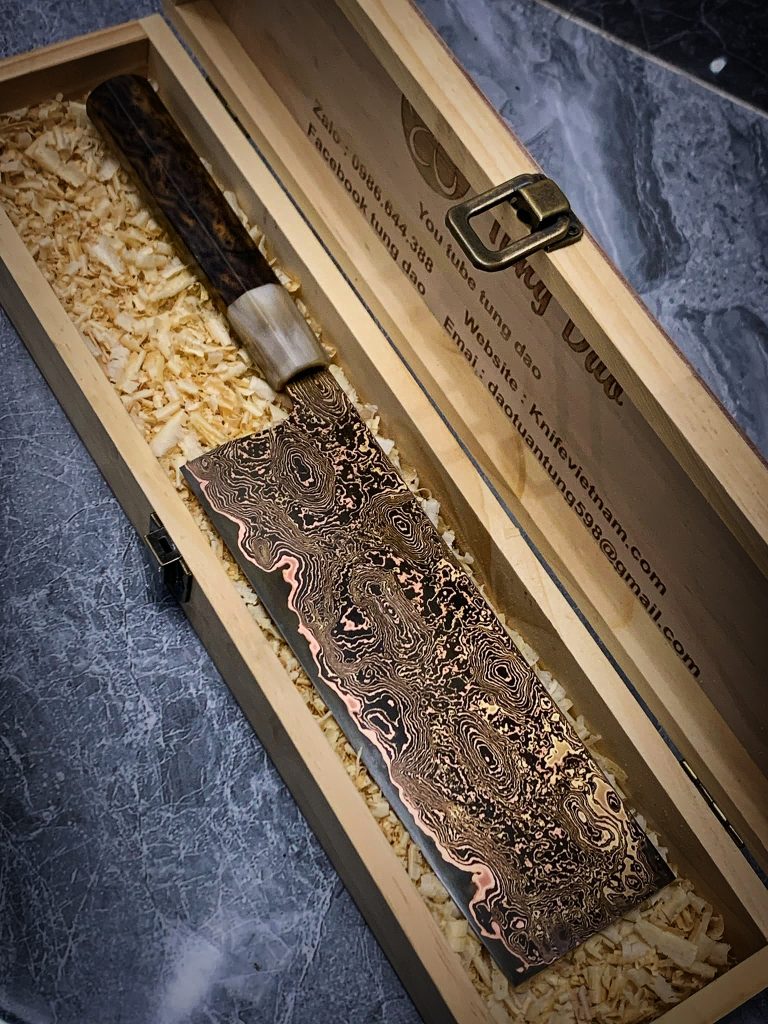 Nakiri Damascus copper 80crv2 steel core - Knife Vietnam